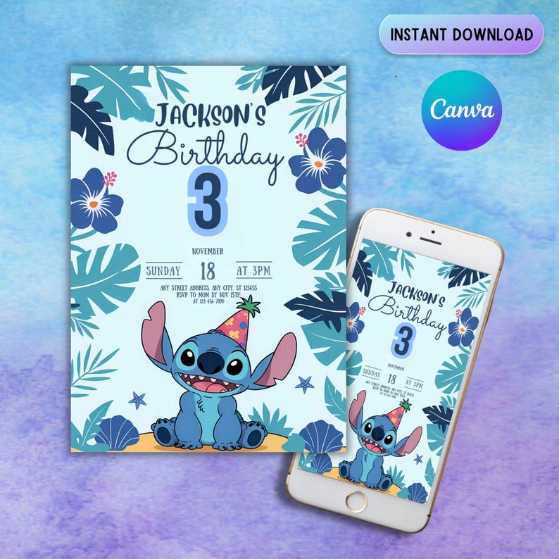 Editable Stitch Birthday Invitation Template: Kids Party Invite ...