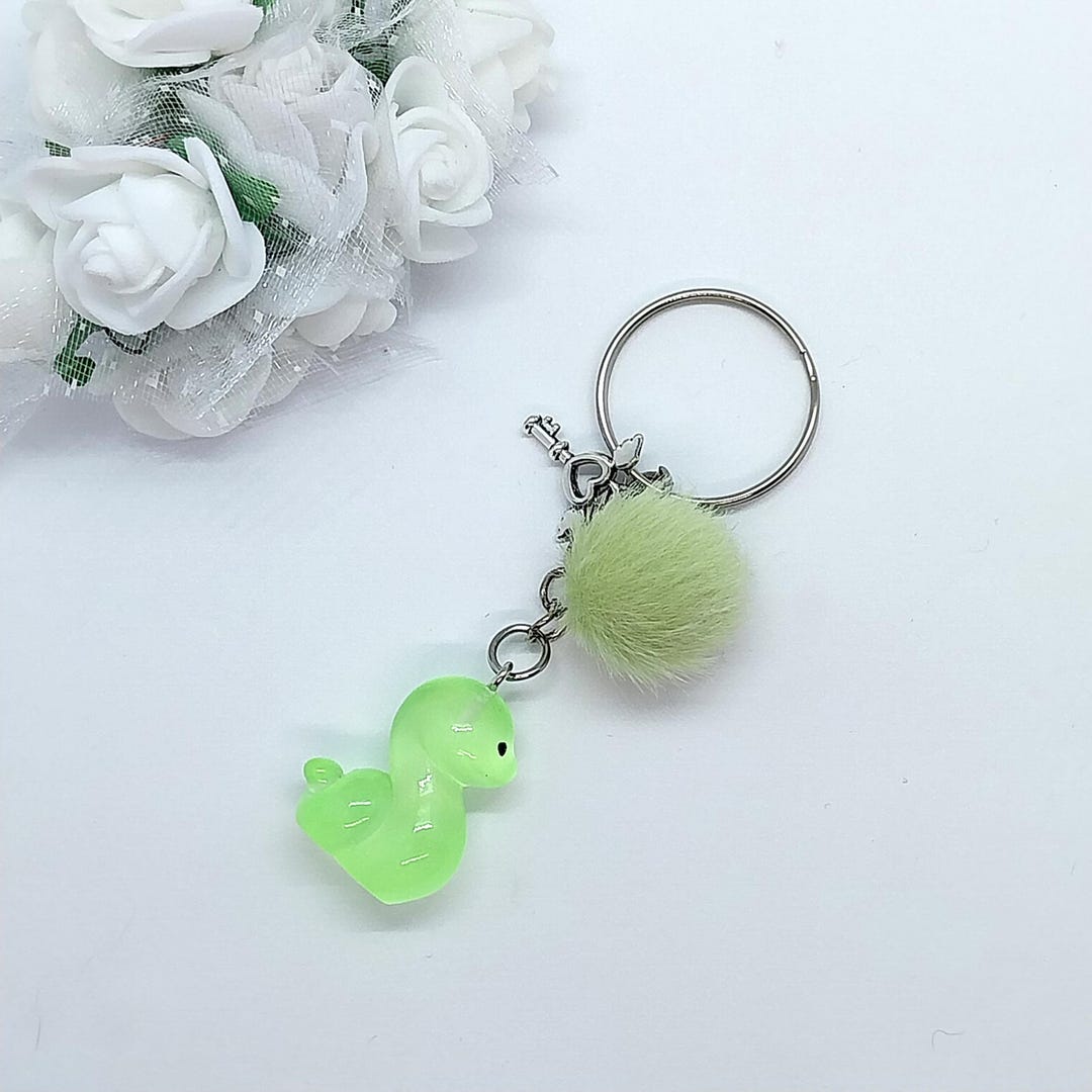 Key Ring - Fluffy Pompom With Green Snake - Accessory - Cute Gift - for ...