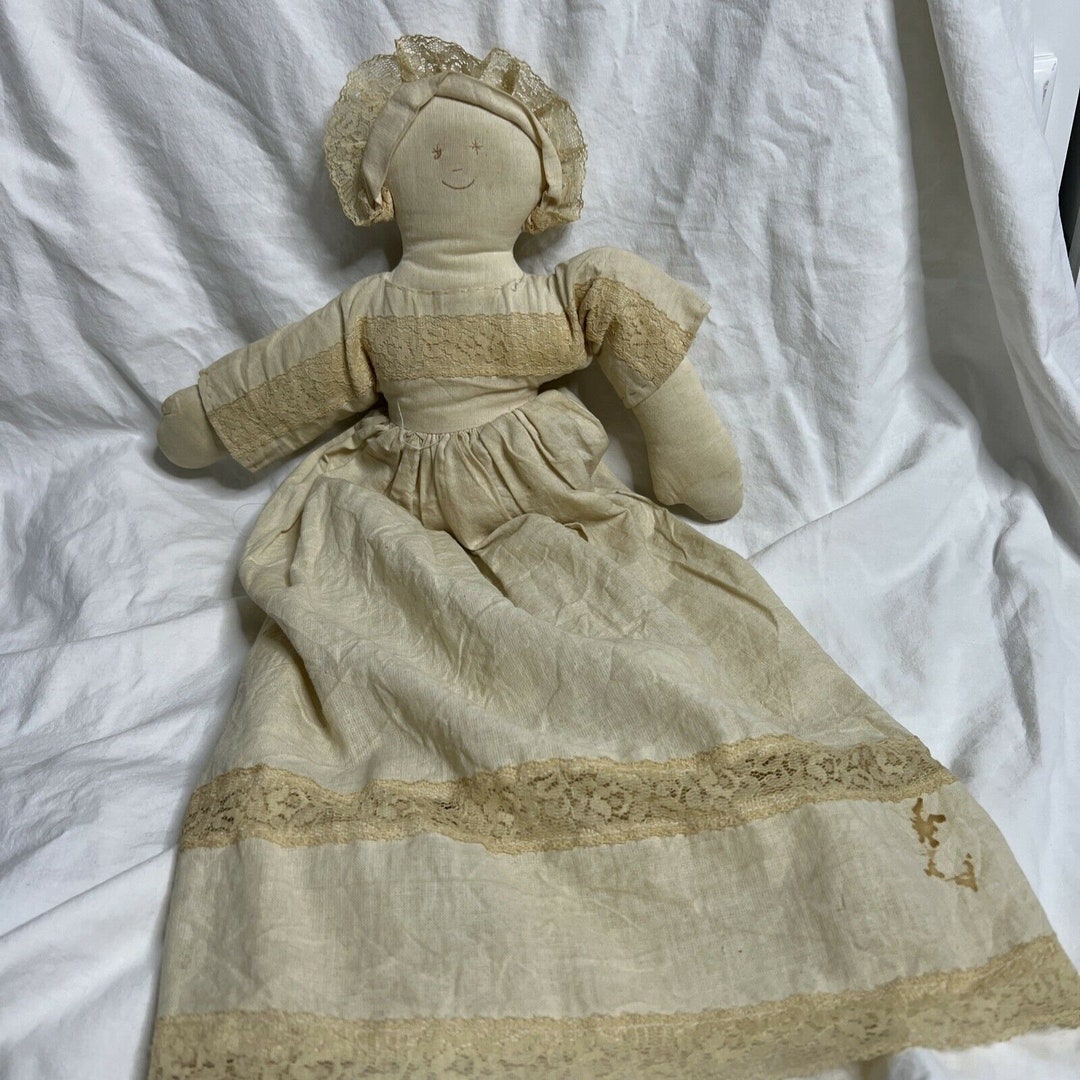 Primitive Rag Doll Cotton Lace Dress Hand Stitched Face Christmas 1880 ...