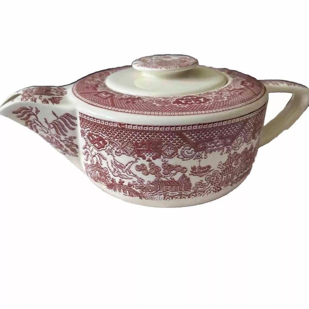 Vintage Pink and White Willow Transferware Tea Pot Grand Millennial ...