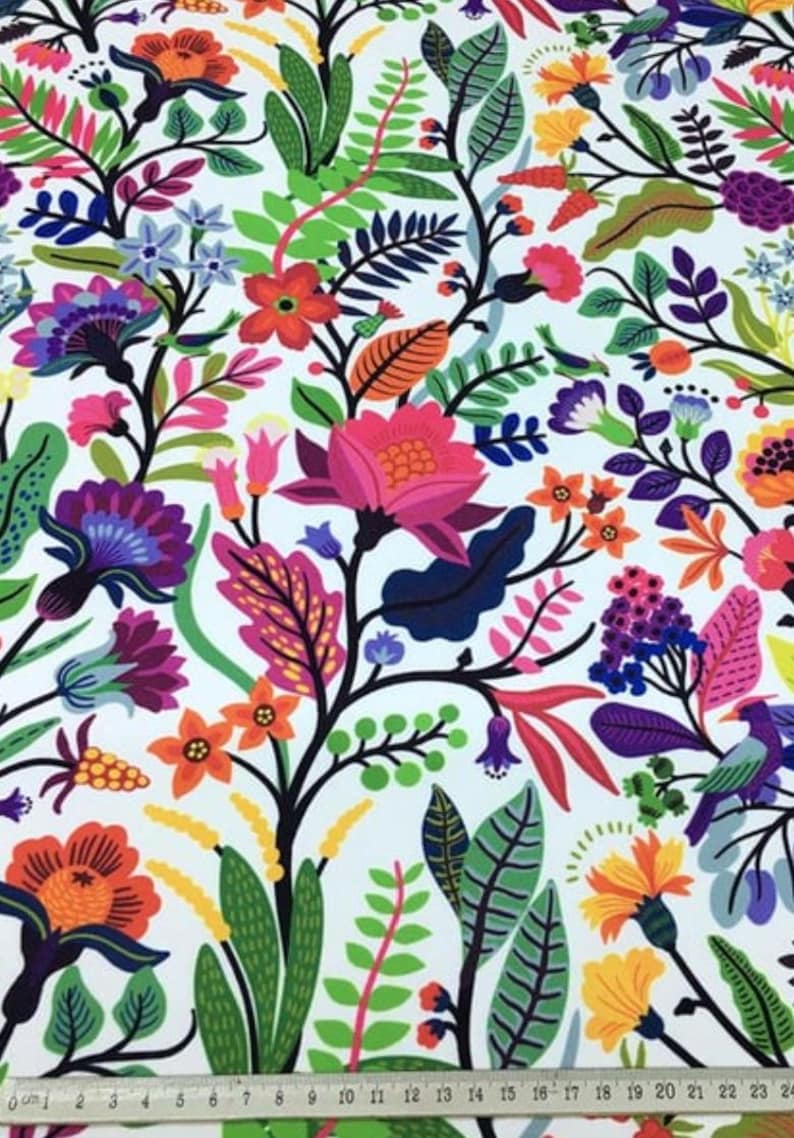 Mexican Otomi Floral Fabric by the Yard, Microfiber Upholstery Fabric ...