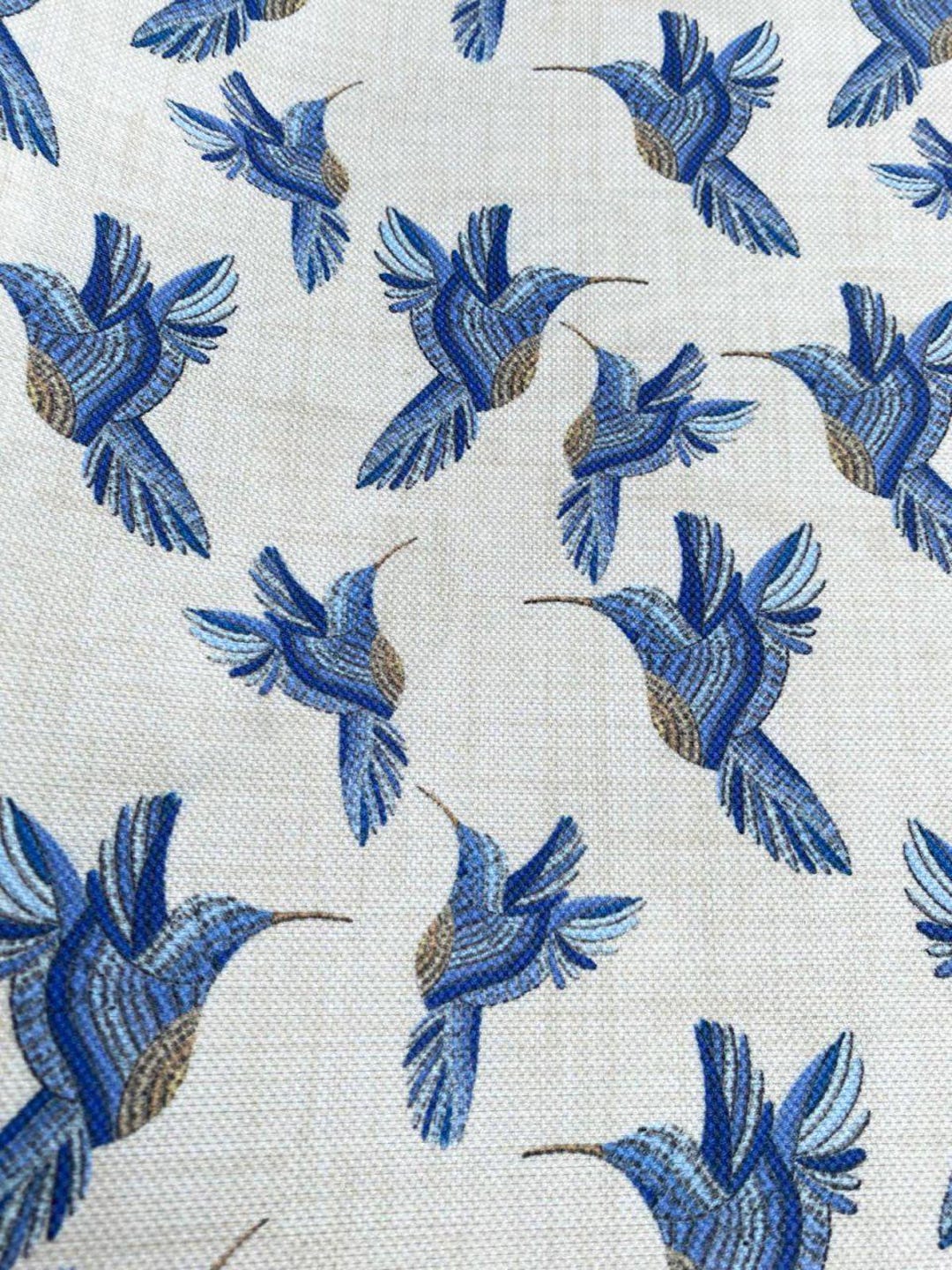Blue Embroidery Pattern Bird Fabric, Linen Effect Fabric, Microfiber ...
