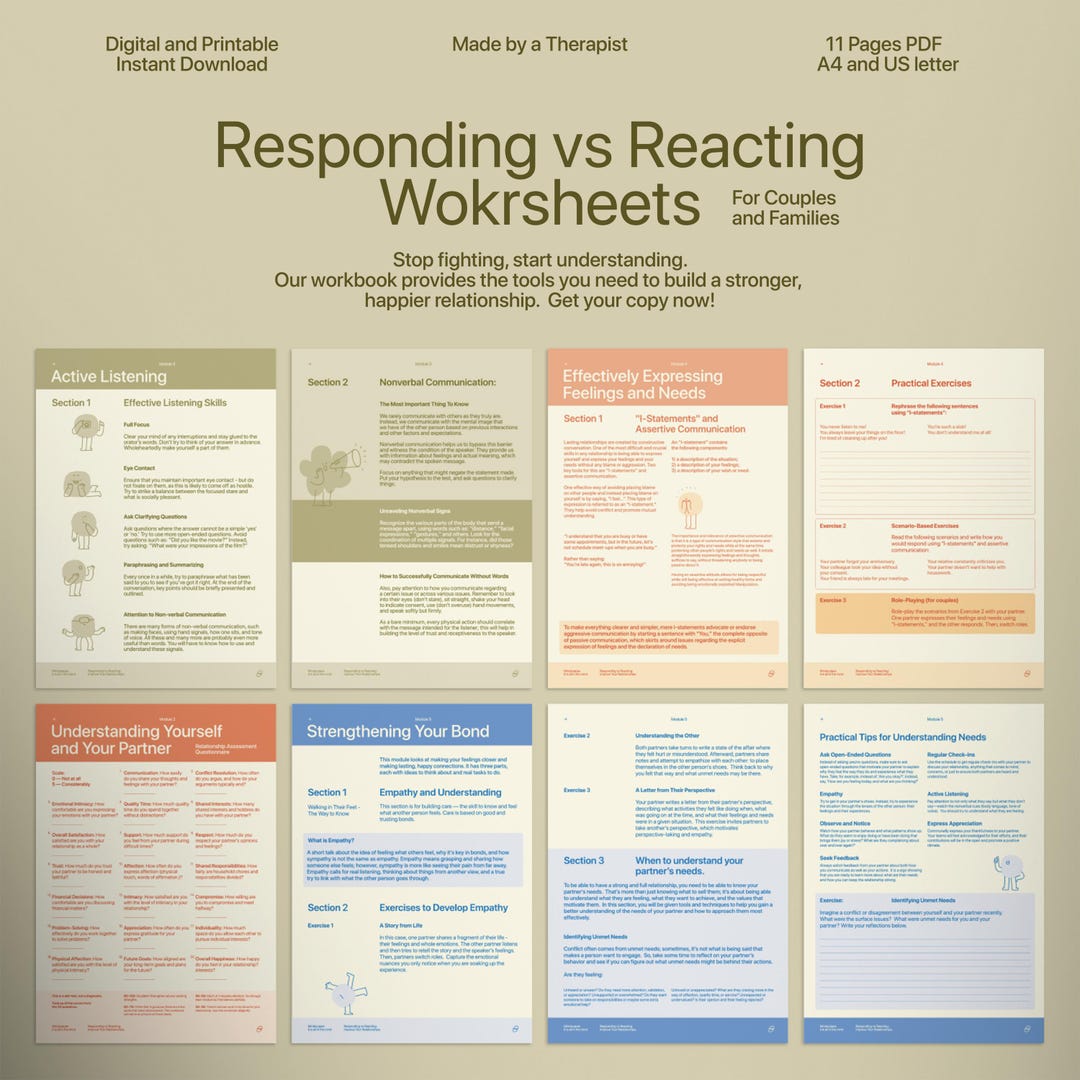Responding Vs Reacting Worksheets for Couples and Families Therapy ...