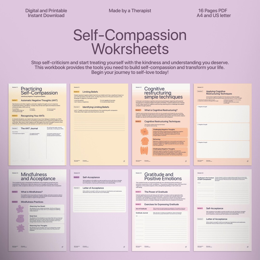 Self-compassion Worksheets | Therapy Workbook | Self-love Planner - Etsy