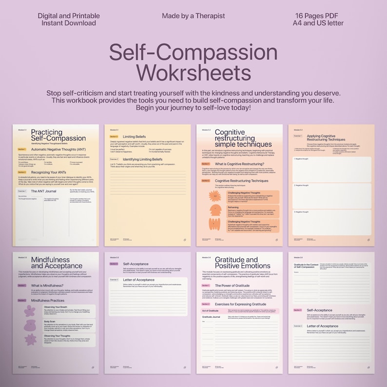 Self-compassion Worksheets | Therapy Workbook | Self-love Planner - Etsy