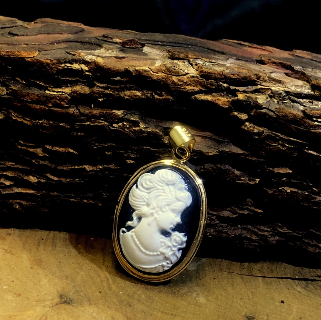 925K Sterling Silver Vintage Black Cameo Necklace, Cameo Jewelry for ...