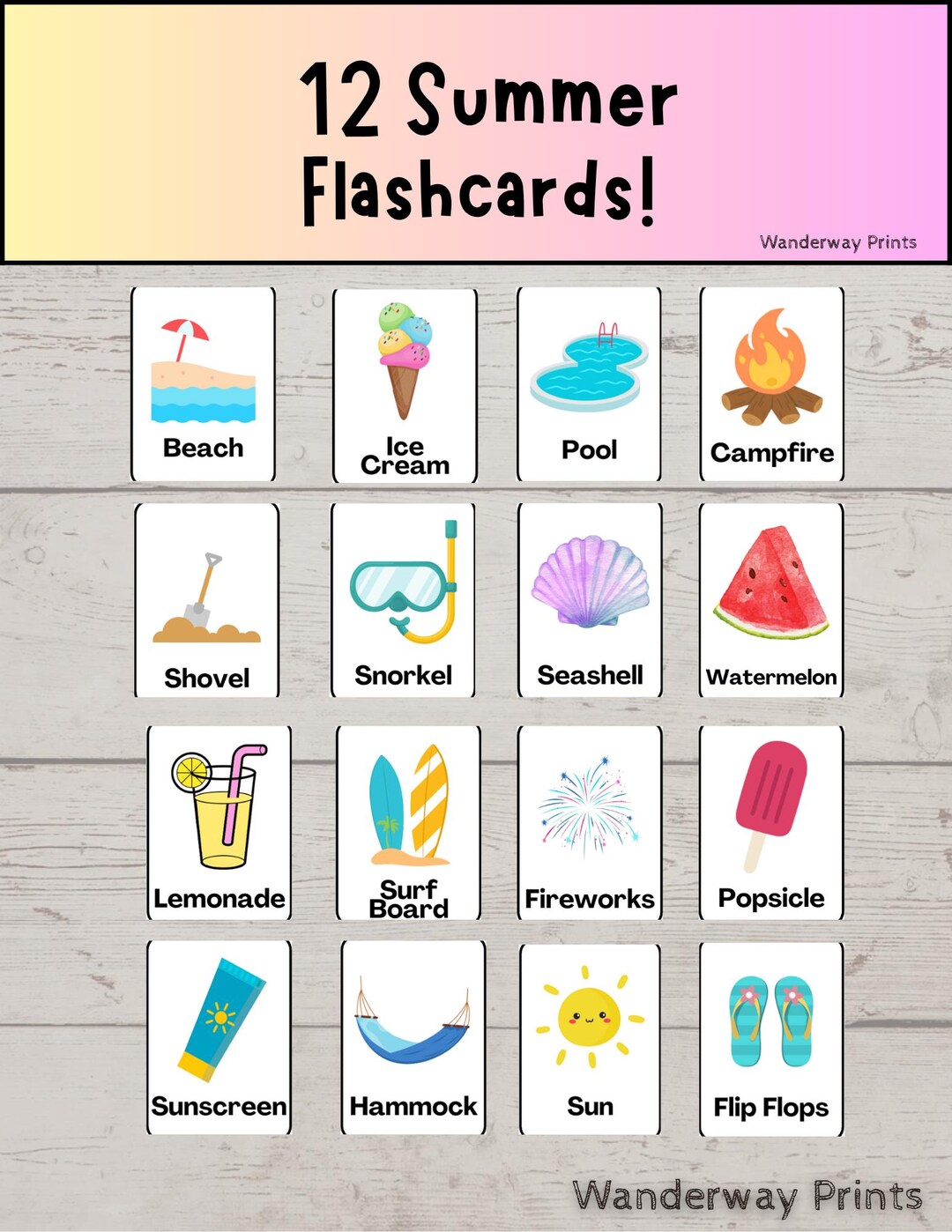 Summer Flashcards | 12 Printable Summer Flashcards - Etsy