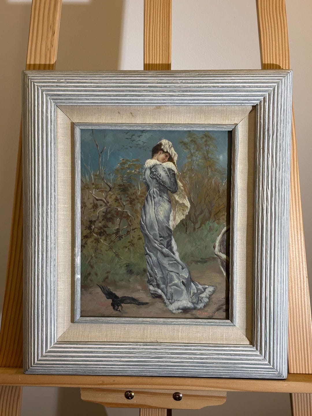 Victorian Lady With Crow Painting: Antique Oil on Panel in Silver ...
