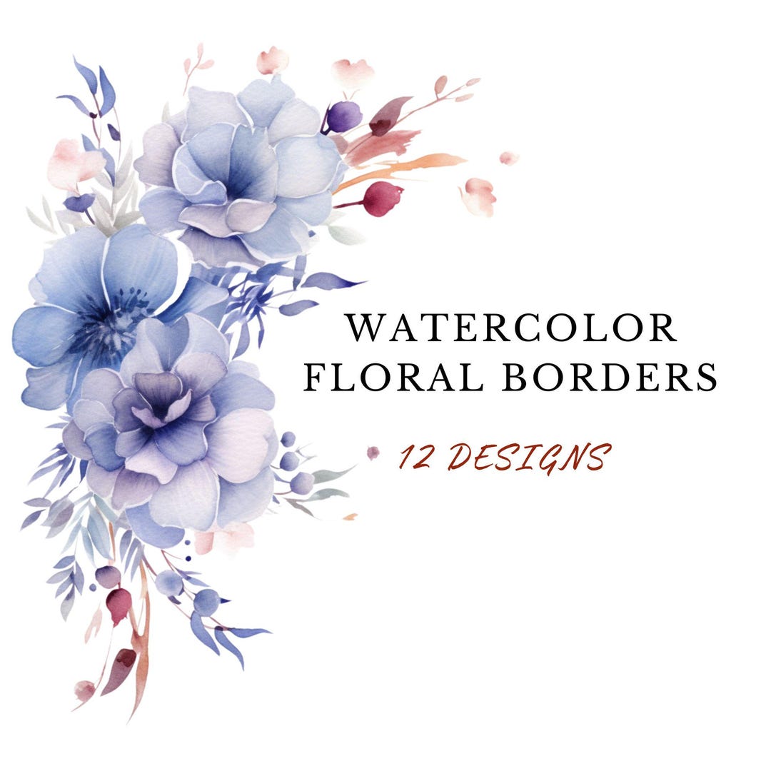 Watercolor Wild Flower Clipart, Floral Border Frame Art, Blue Amber ...