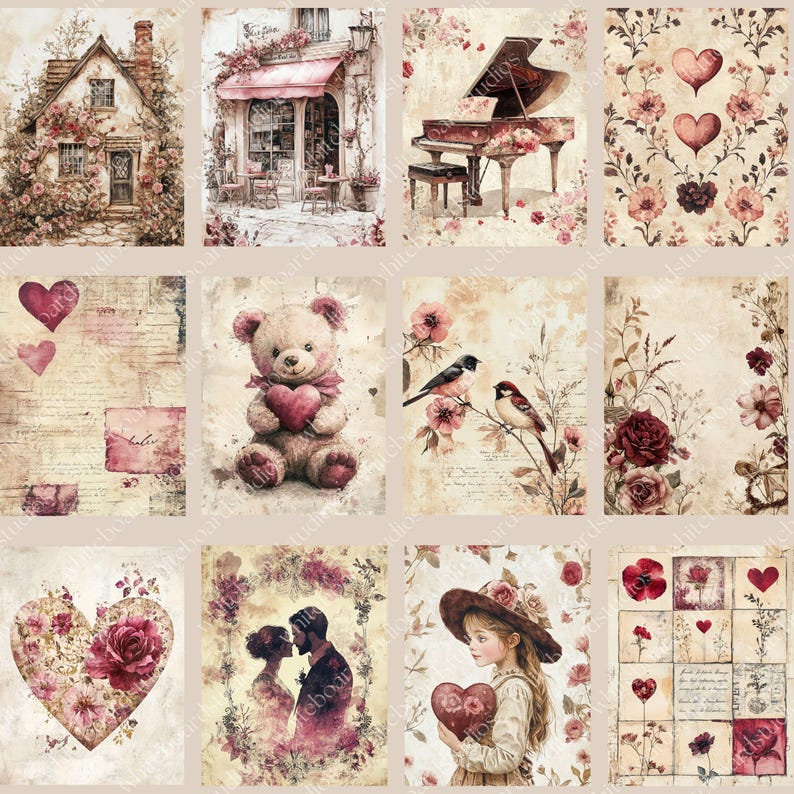 Valentine Romantic Junk Journal Pages, Digital Paper, Hearts, Love ...