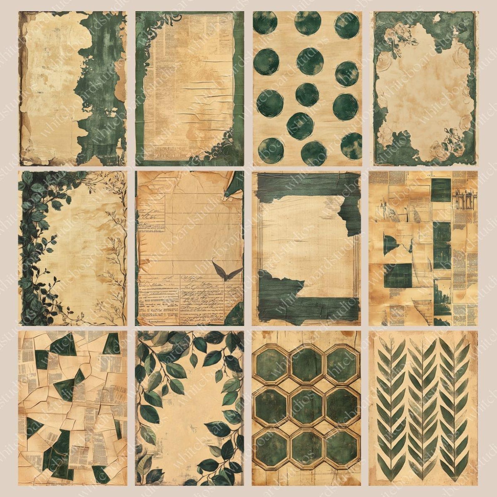 Vintage Faded Green Junk Journal Filler Pages, Shabby Chic Scrapbook ...
