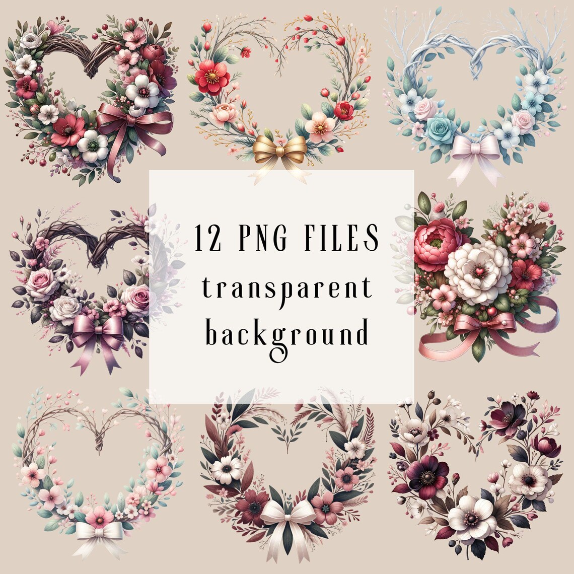 Watercolor Valentines Day Floral Heart Wreath Clipart Bundle, Love ...