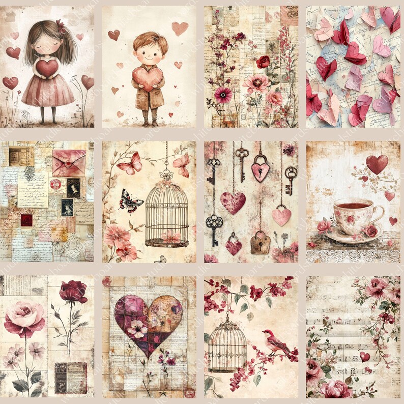 Valentine Romantic Junk Journal Pages, Digital Paper, Hearts, Love ...
