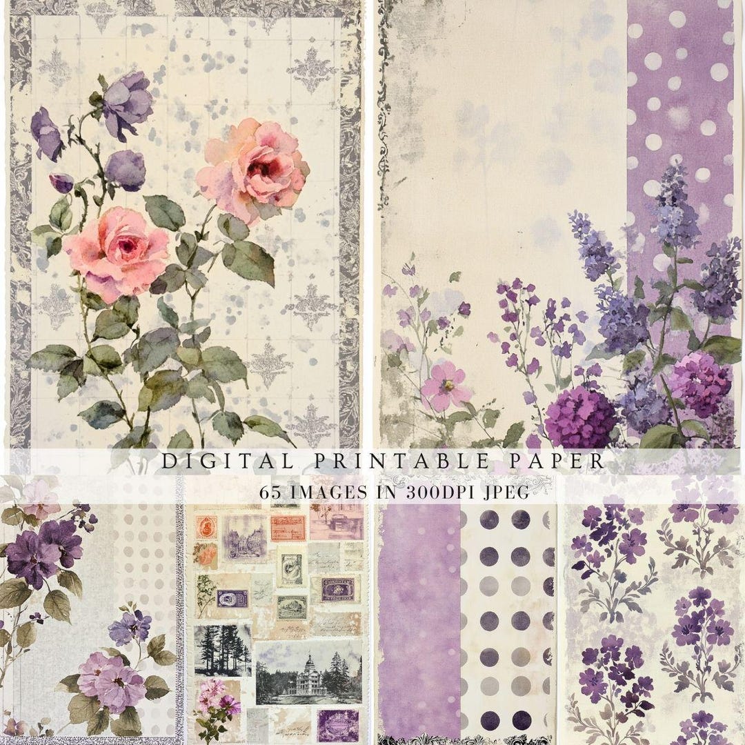 Vintage Classic Botanical Purple Filler Pages for Junk Journal ...