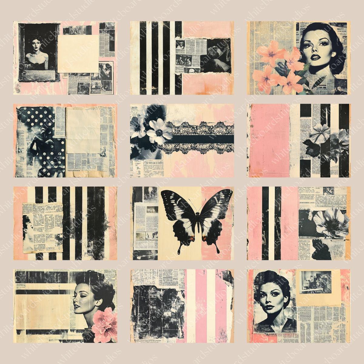 Junk Journal Black Pink Filler Pages, Newspaper, Pattern, Shabby ...