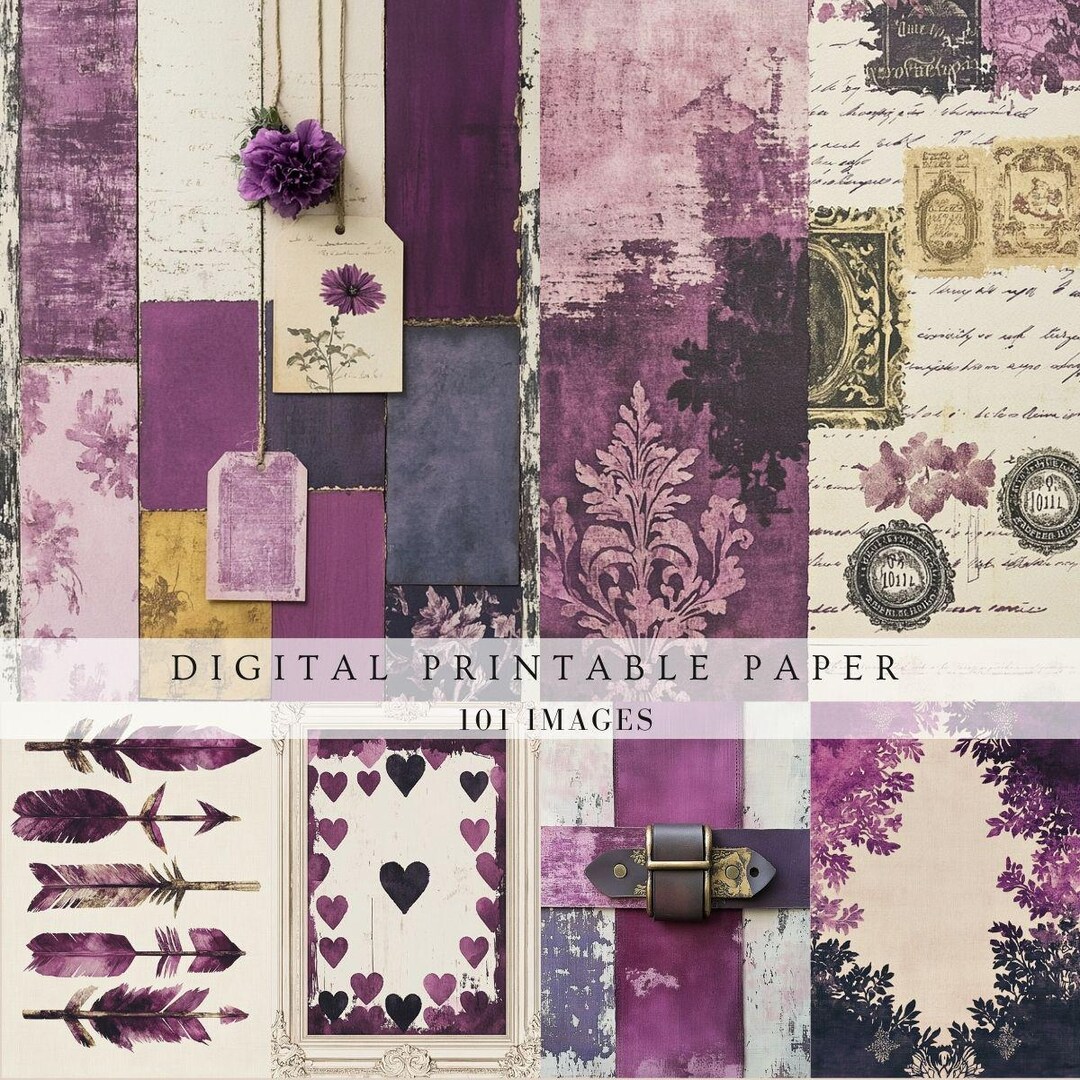 Royal Beige Purple Filler Junk Journal Scrapbook Paper, Stripes, Stamps ...