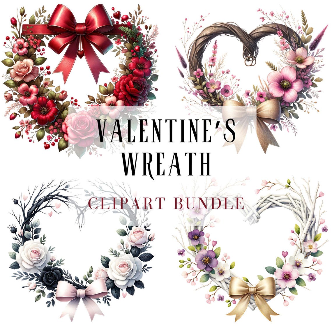 Watercolor Valentines Day Floral Heart Wreath Clipart Bundle, Love ...