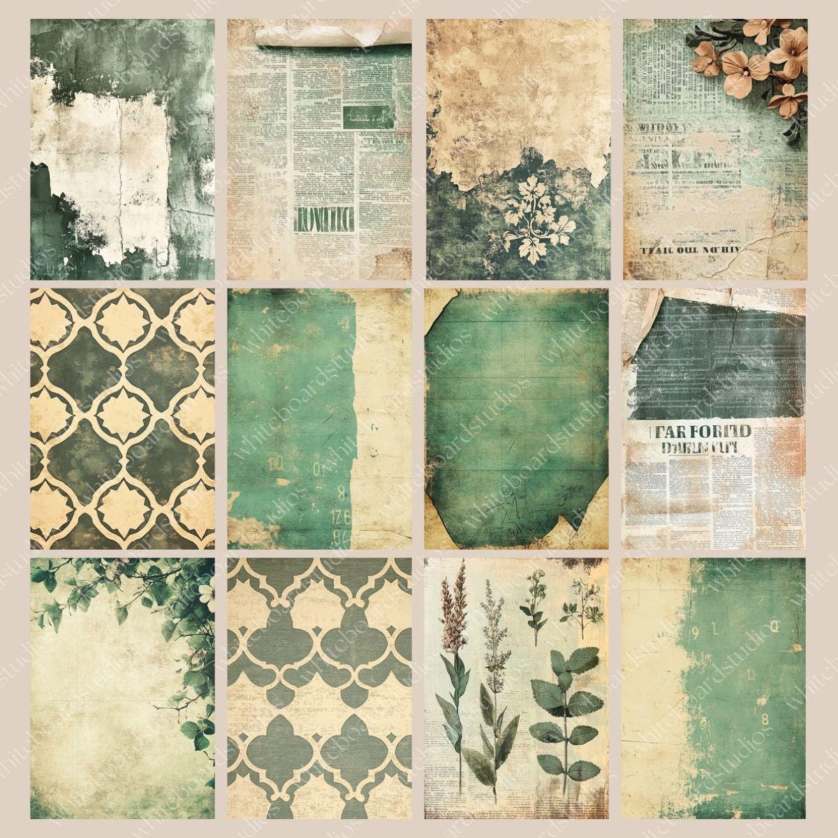 Sage Green Junk Journal Paper, Vintage Shabby Chic Motif, Antique Deco ...