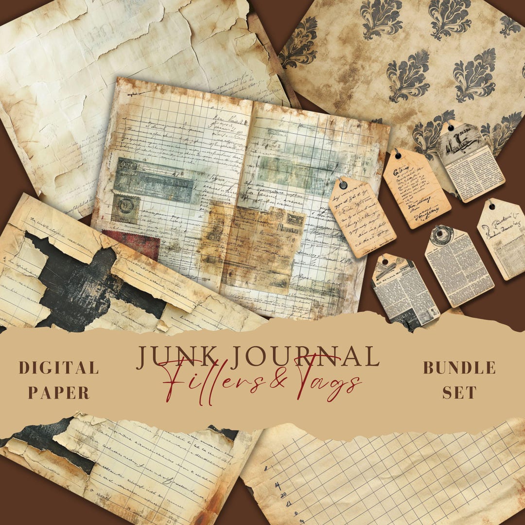 Junk Journal Filler Paper With Labels and Tags, Vintage Neutral Antique ...