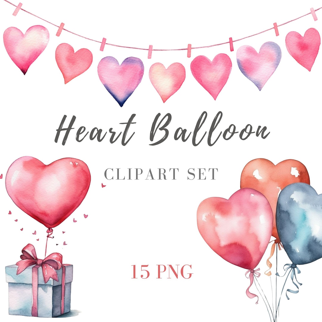 Heart Balloons Clipart, Cute Love Valentine's Day Watercolor Balloons ...