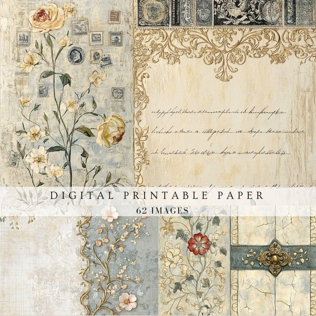 Pastel Ornate Grey Gold Junk Journal Paper, Vintage Shabby Chic ...