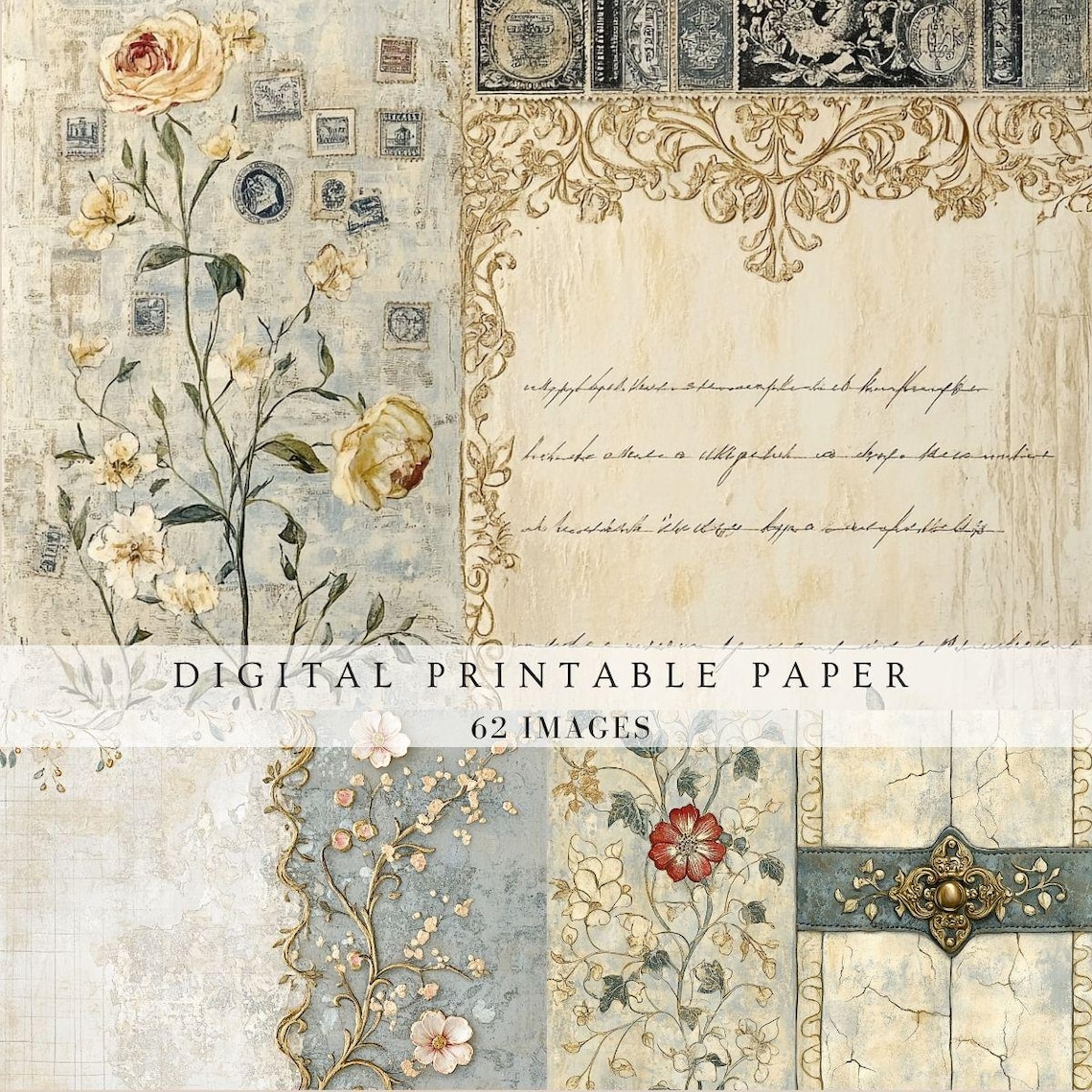 Pastel Ornate Grey Gold Junk Journal Paper, Vintage Shabby Chic ...
