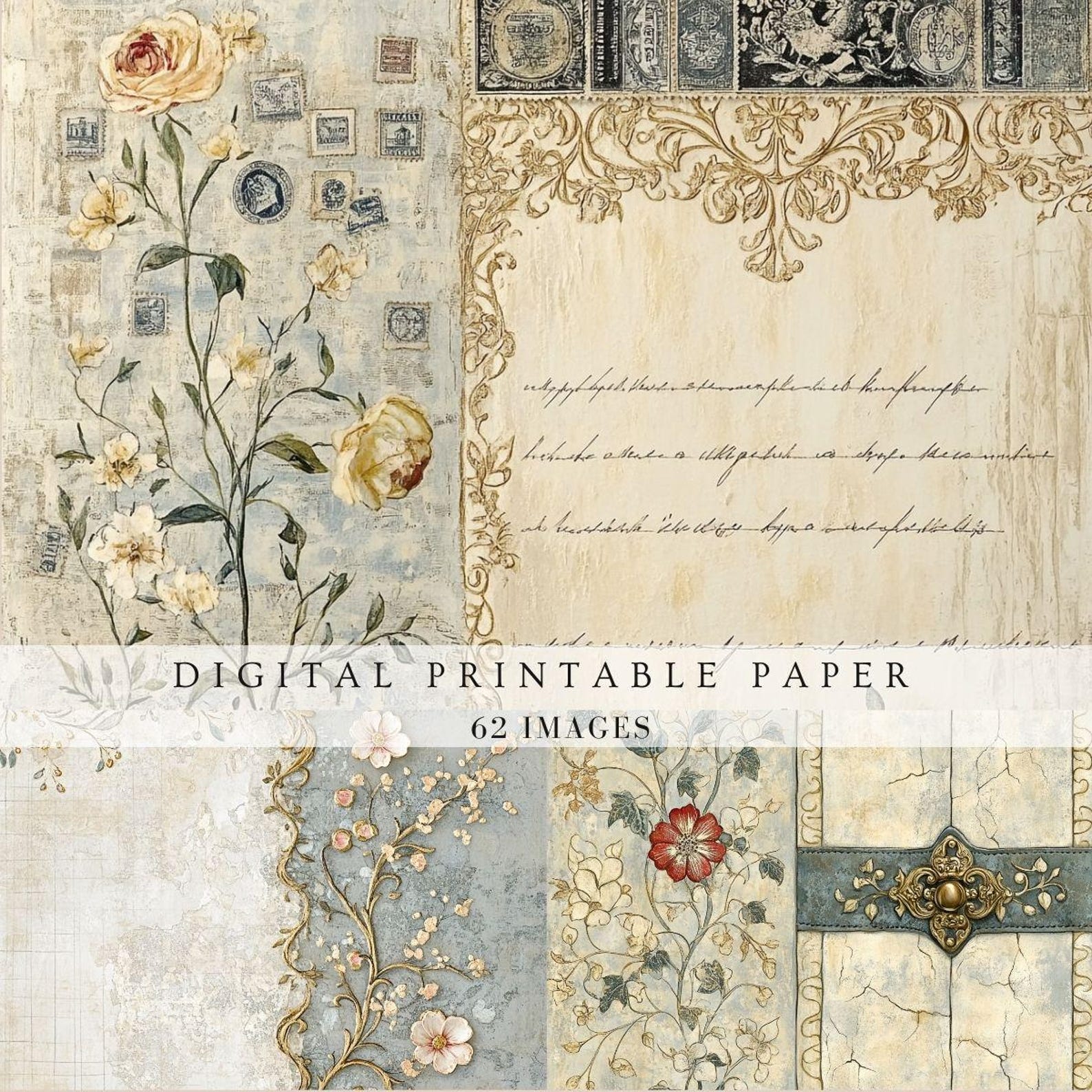 Pastel Ornate Grey Gold Junk Journal Paper, Vintage Shabby Chic ...