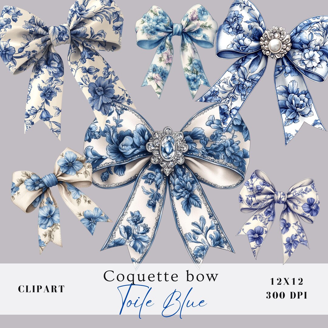 Watercolor Blue Coquette Ribbon Bow Clipart, French Toile De Jouy ...