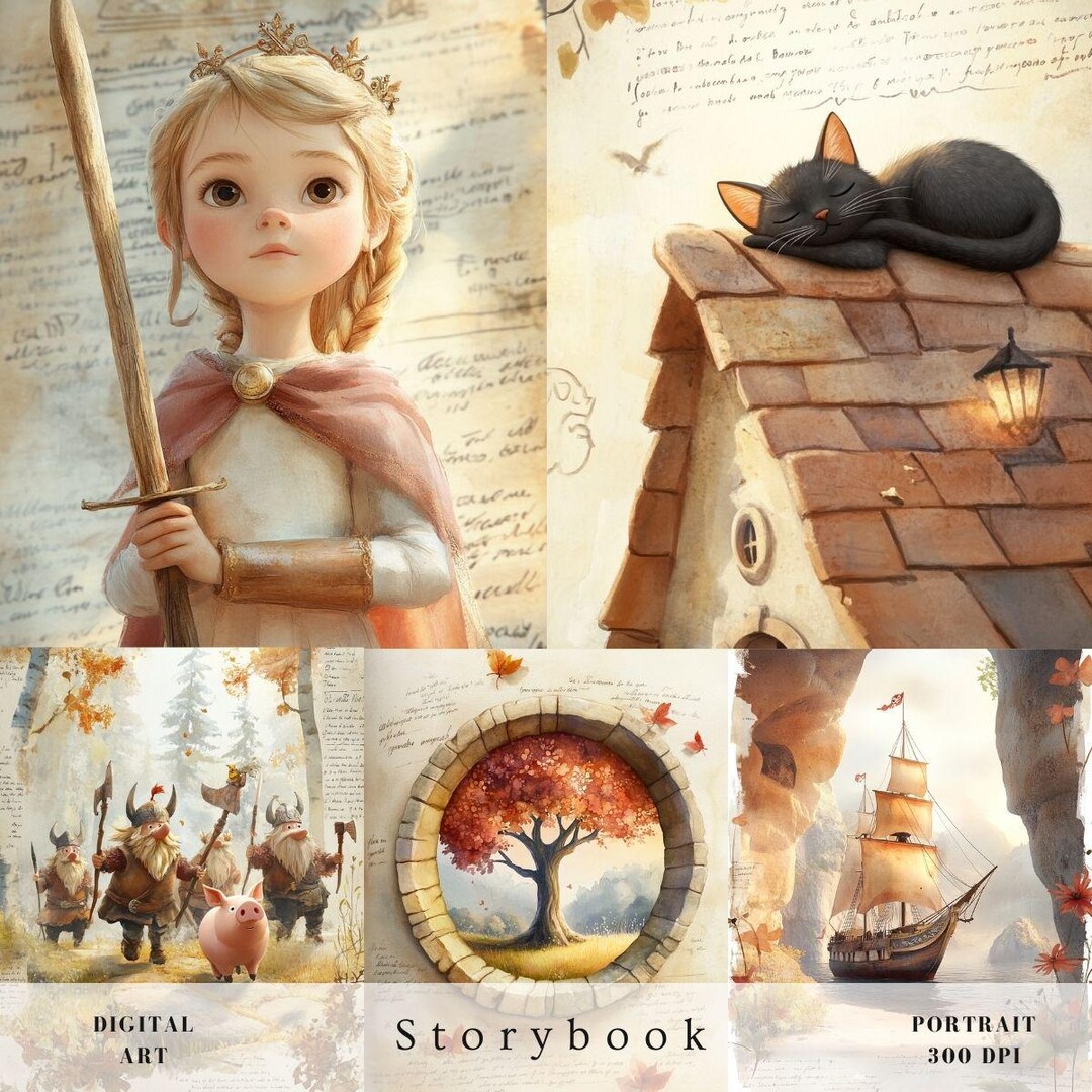 Children Storybook Junk Journal Scrapbook Wall Art, Dragon, Wizard ...