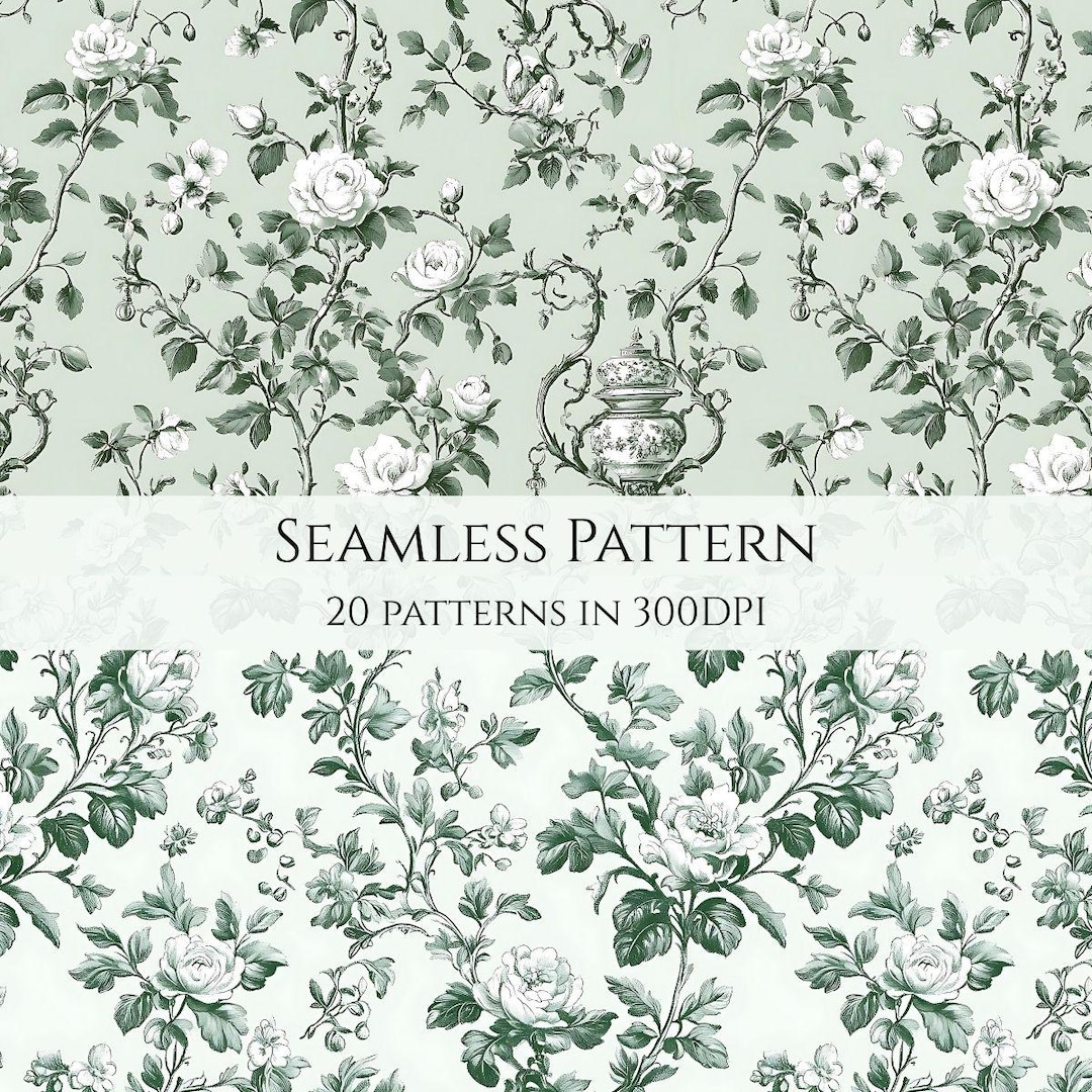 Sage Green Toile De Jouy Floral Seamless Pattern Digital Paper ...