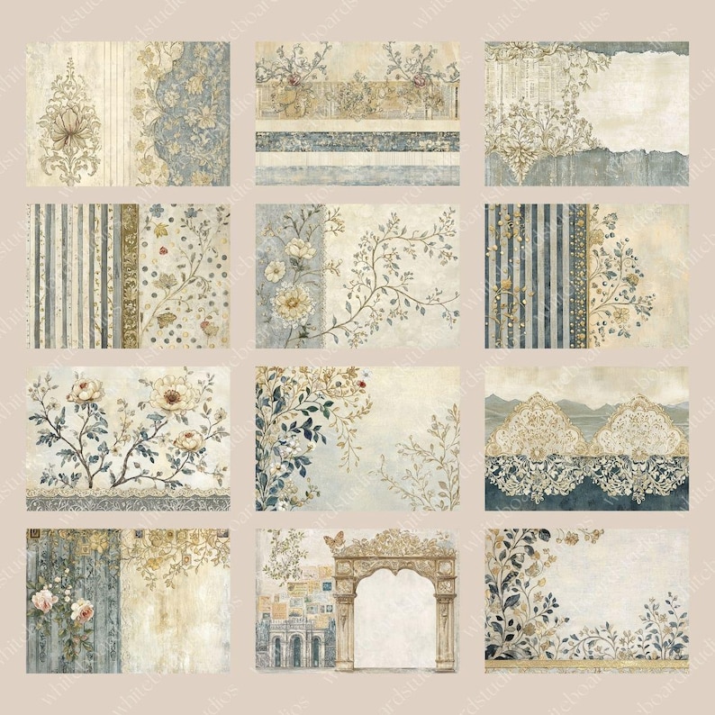 Pastel Ornate Grey Gold Junk Journal Paper, Vintage Shabby Chic ...