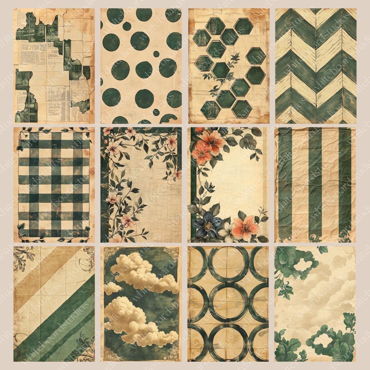 Vintage Faded Green Junk Journal Filler Pages, Shabby Chic Scrapbook ...