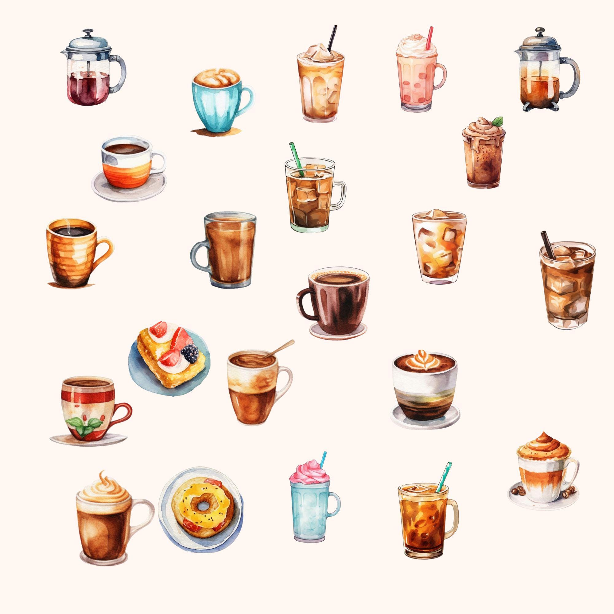 Coffee Lover Watercolor Clipart, Coffee Shop Cafe Clipart Stickers for ...