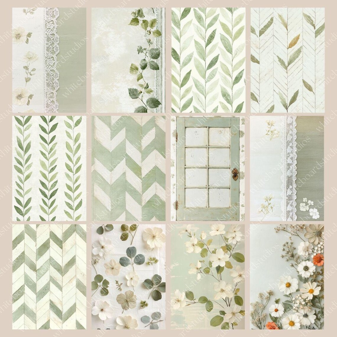 Creamy Sage Green Junk Journal Filler Pages, Abstract, Polka Dots ...