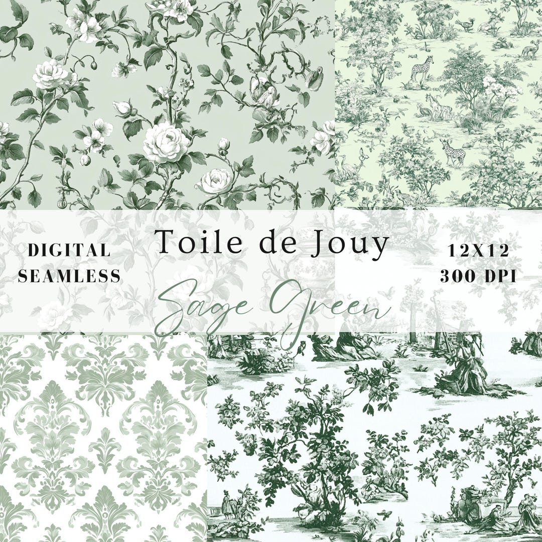 Sage Green Toile De Jouy Floral Seamless Pattern Digital Paper ...