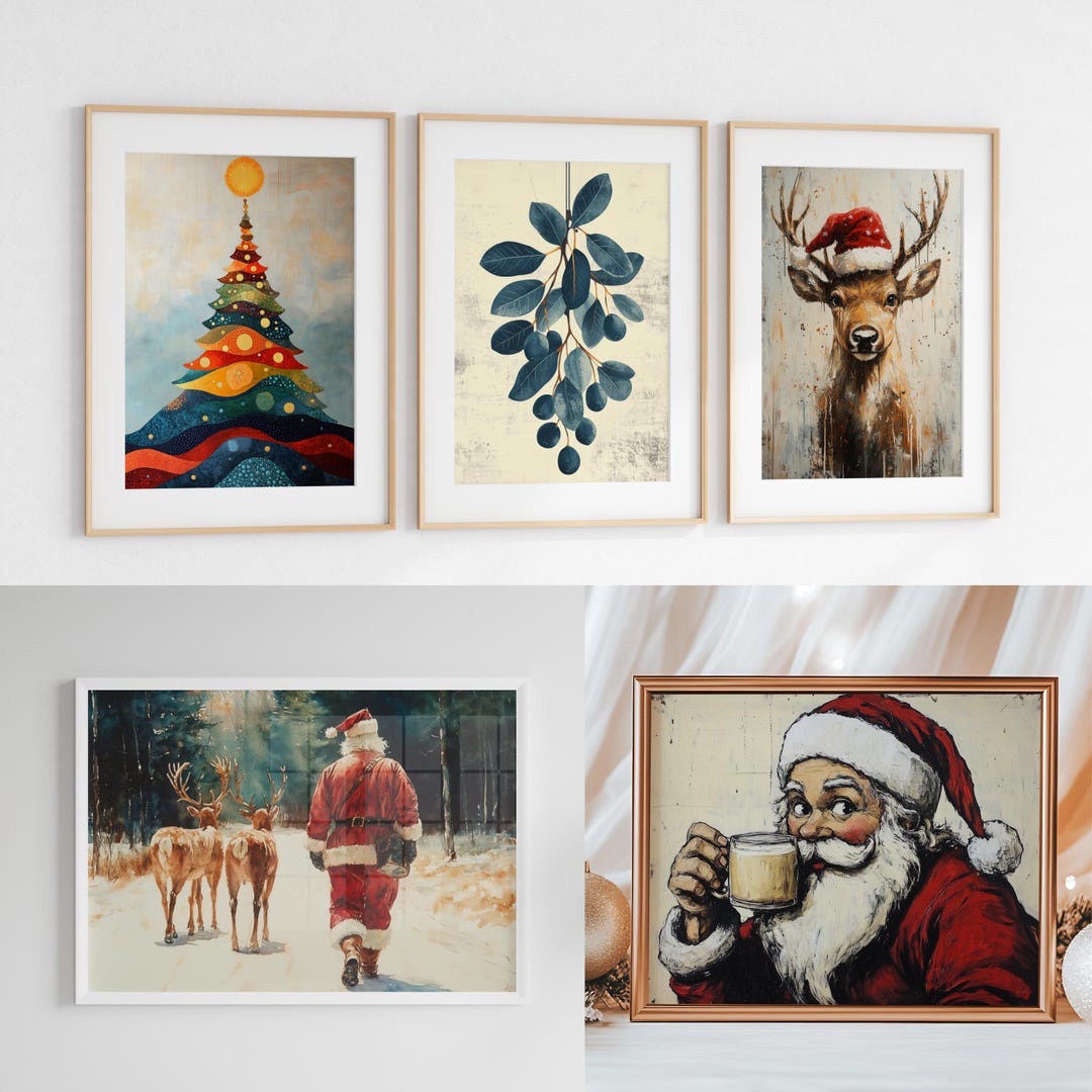 Christmas Gallery Wall Art Set, Vintage Rustic Abstract Mix Style ...