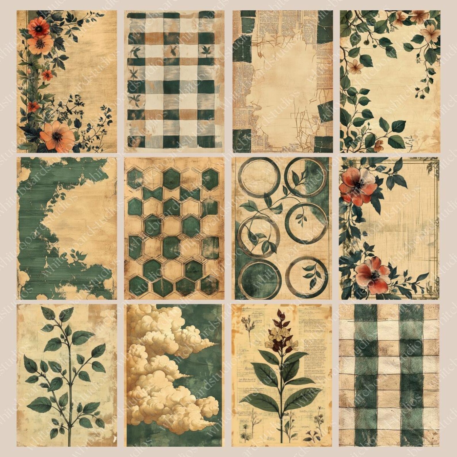 Vintage Faded Green Junk Journal Filler Pages, Shabby Chic Scrapbook ...