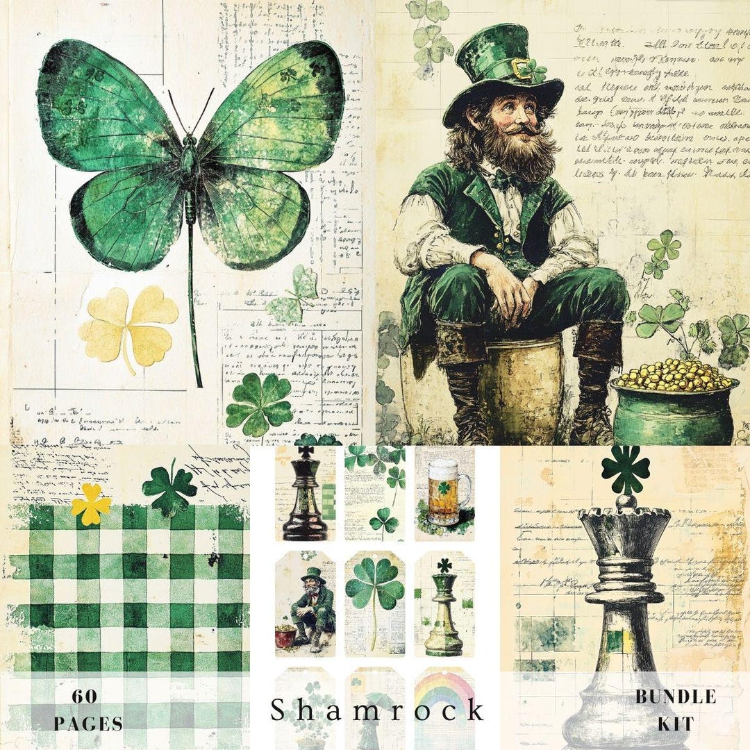 Vintage Shamrock Irish Junk Journal Scrapbook Pages and Add-on Kit ...