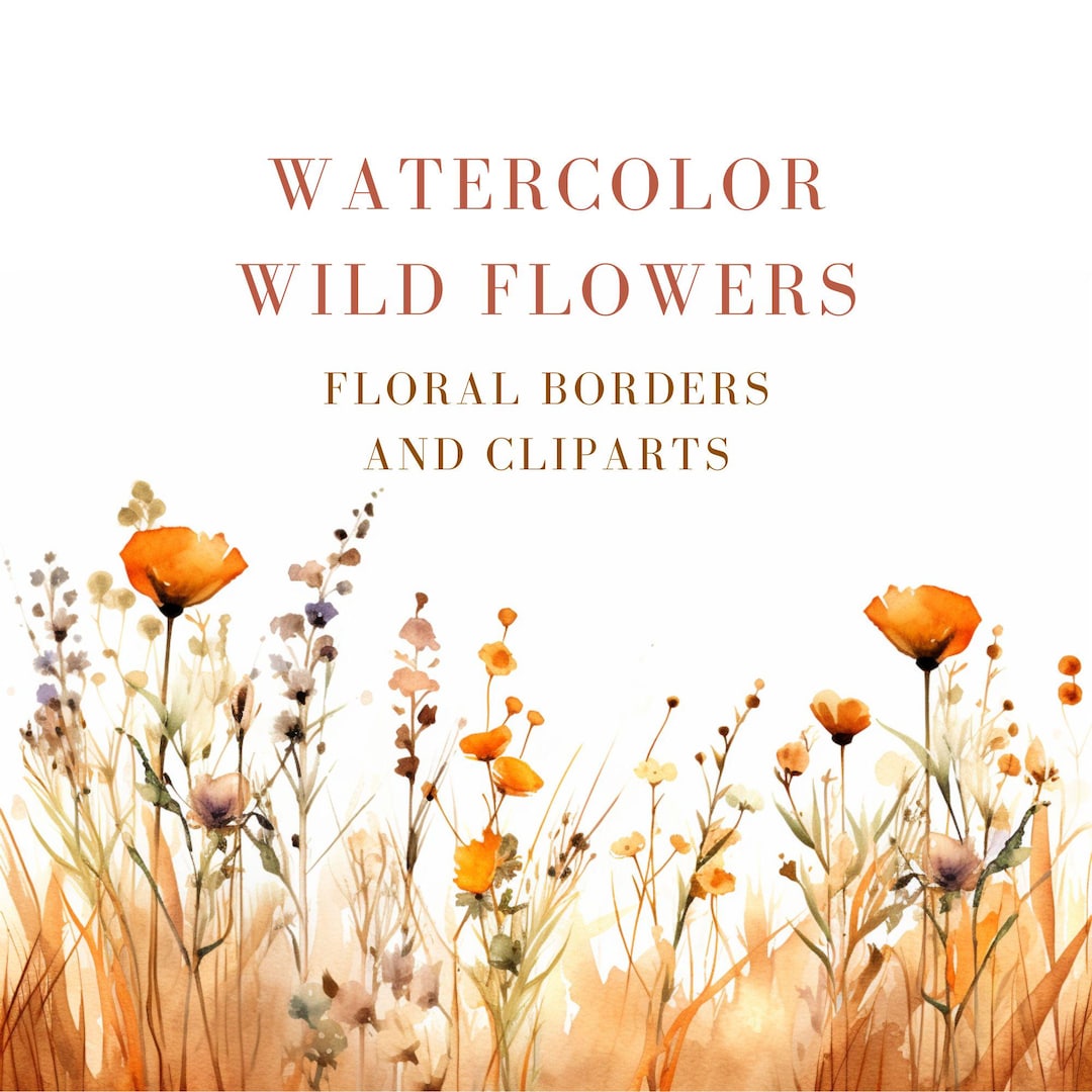 Wild Floral Clipart, Boho Watercolor Flower Clipart, Orange Floral ...