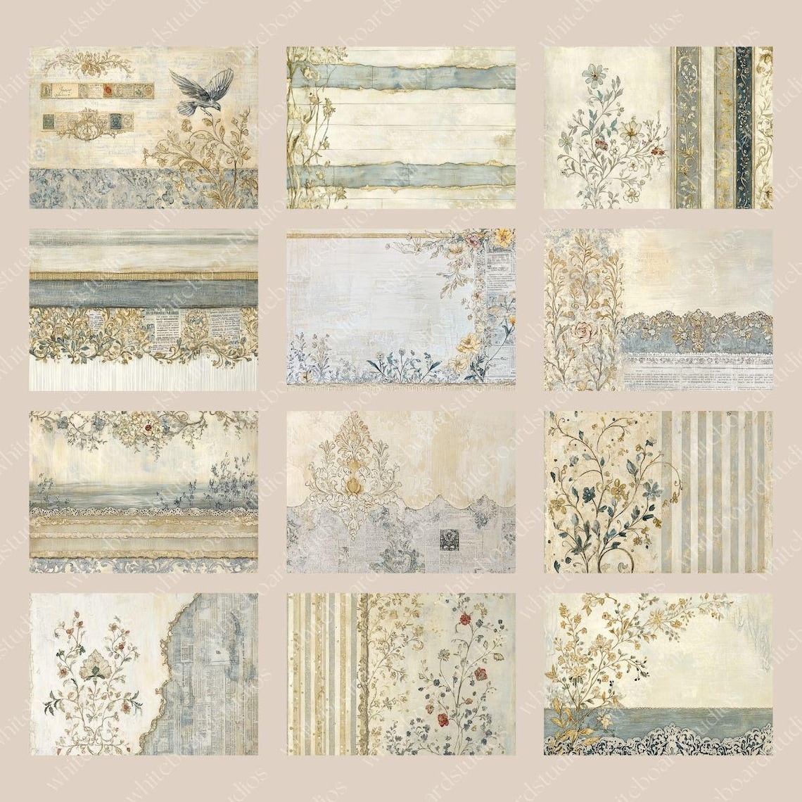 Pastel Ornate Grey Gold Junk Journal Paper, Vintage Shabby Chic ...