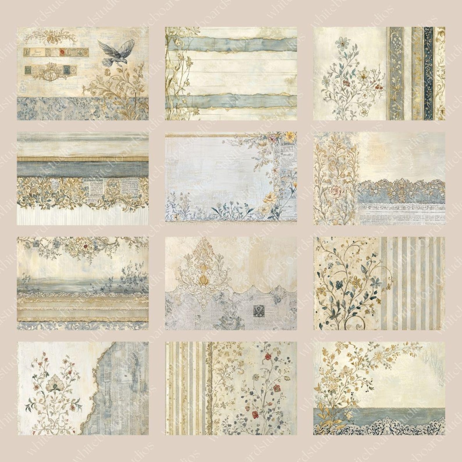 Pastel Ornate Grey Gold Junk Journal Paper, Vintage Shabby Chic ...