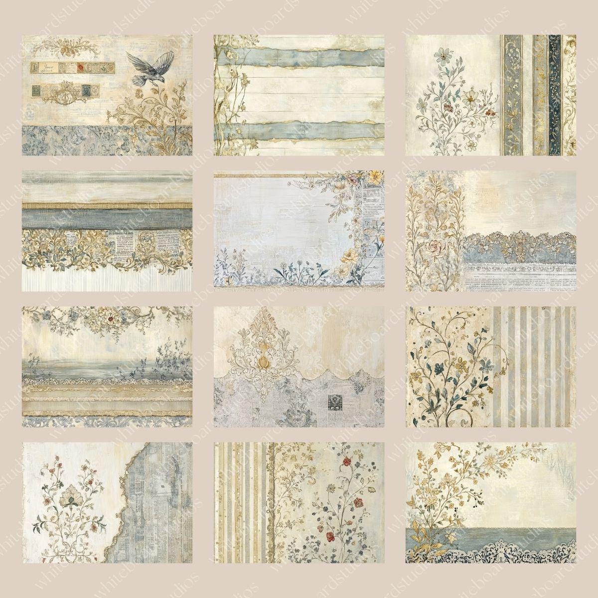 Pastel Ornate Grey Gold Junk Journal Paper, Vintage Shabby Chic ...