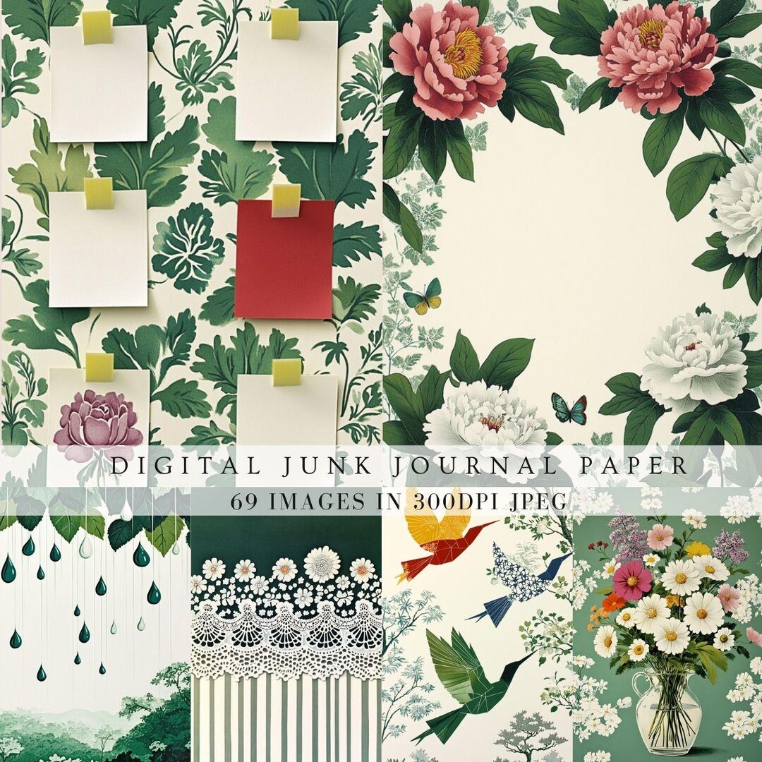 Vintage Junk Journal Filler Dark Green Floral Botanical Garden ...