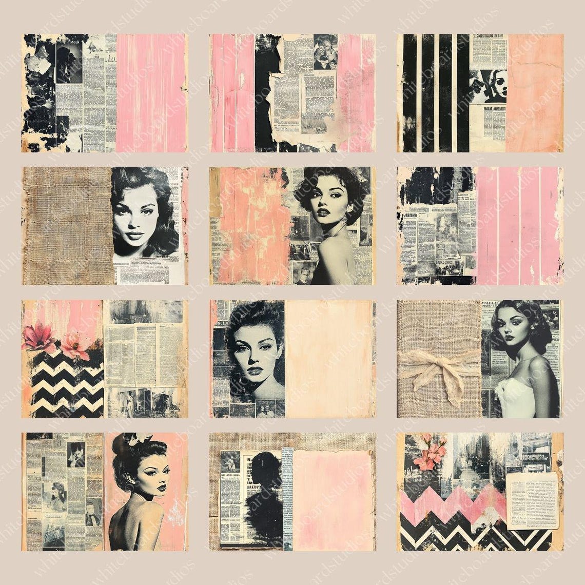 Junk Journal Black Pink Filler Pages, Newspaper, Pattern, Shabby ...