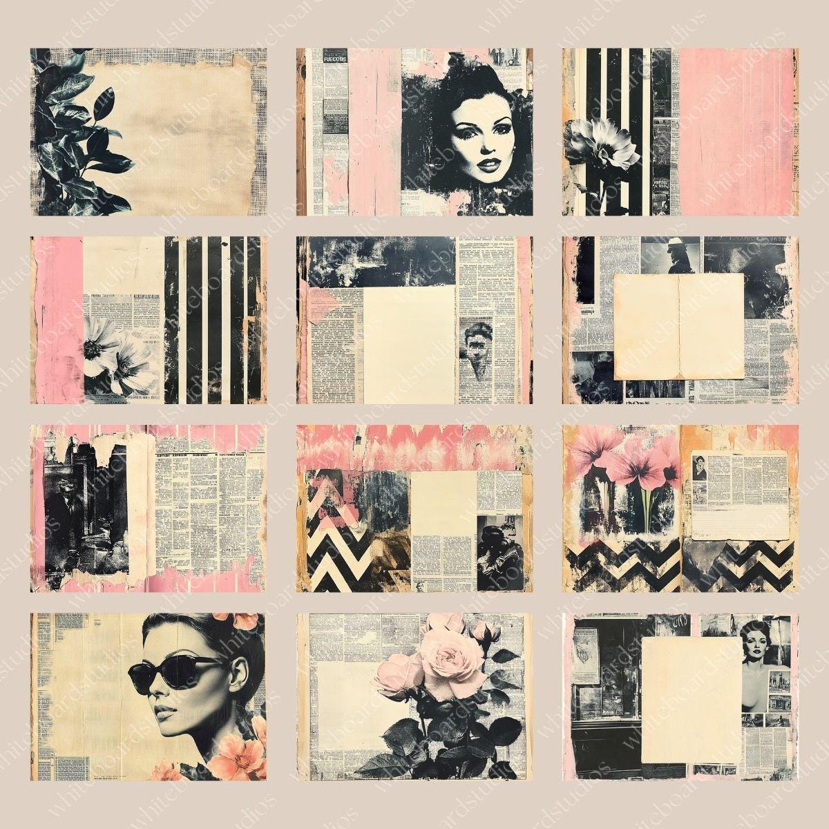 Junk Journal Black Pink Filler Pages, Newspaper, Pattern, Shabby ...