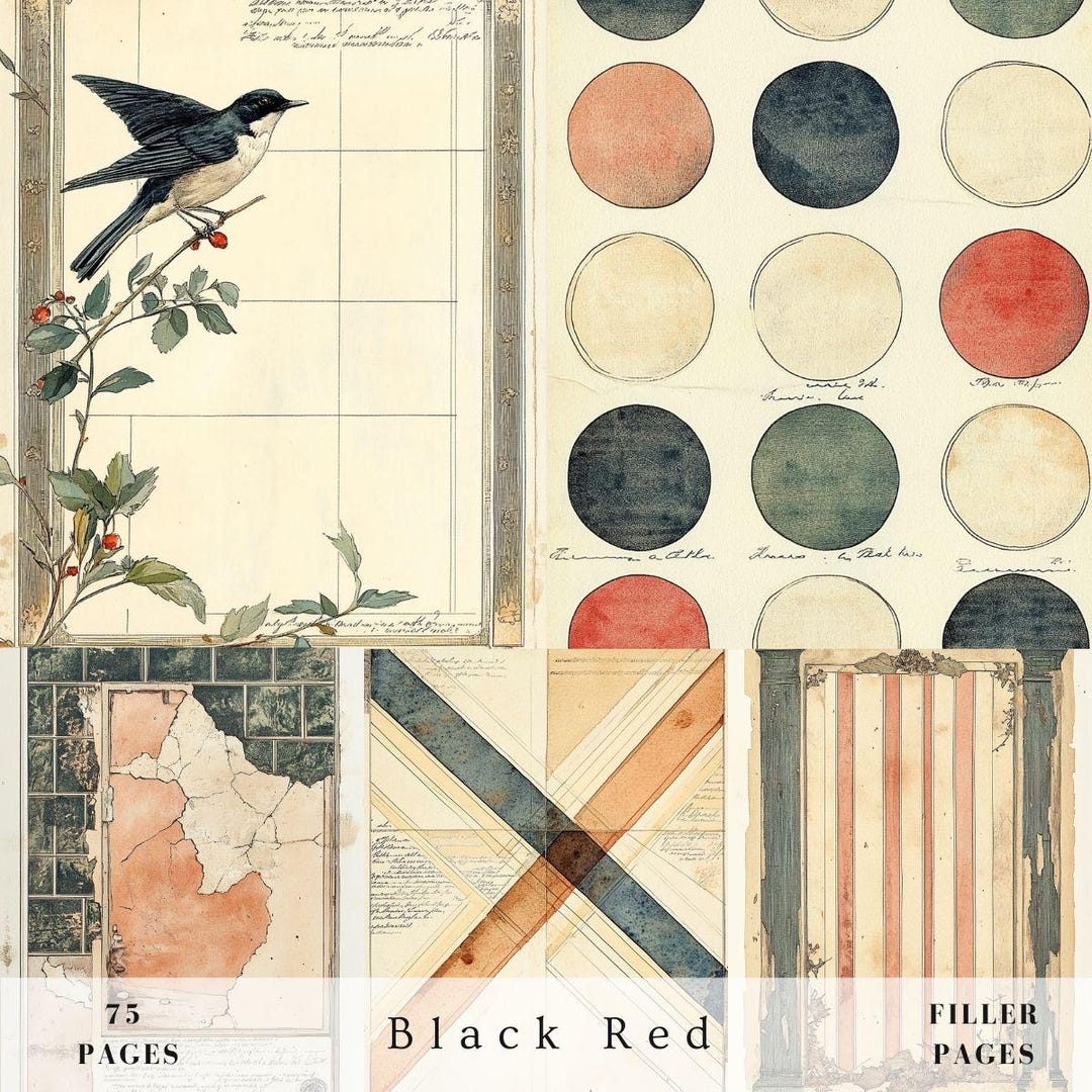 Vintage Black Red Scrapbook Junk Journal Filler Pages, Shabby Chic ...