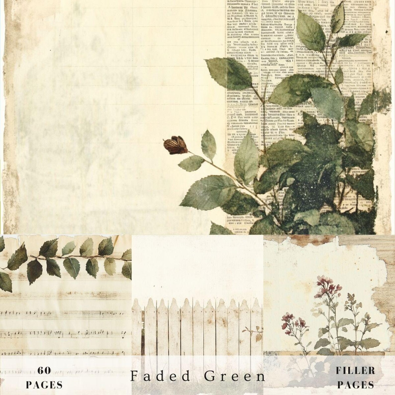 Faded Green Junk Journal Filler Pages, Abstract, Garden, Checkers ...