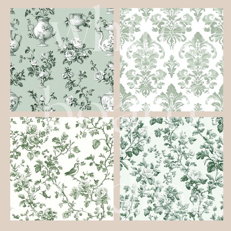 Sage Green Toile De Jouy Floral Seamless Pattern Digital Paper ...