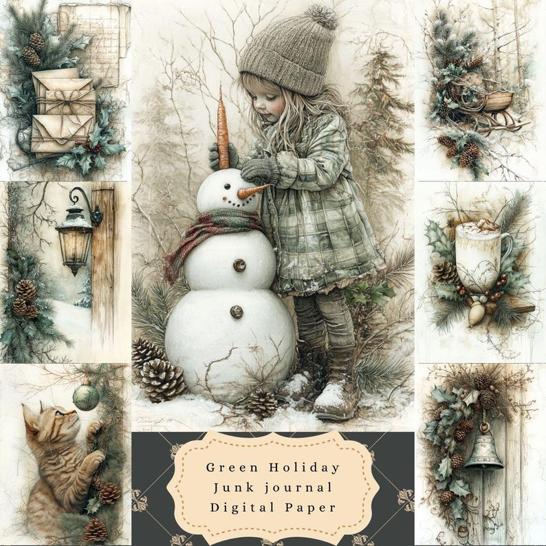 Vintage Green Christmas Holiday Digital Printable Junk Journal Kit ...