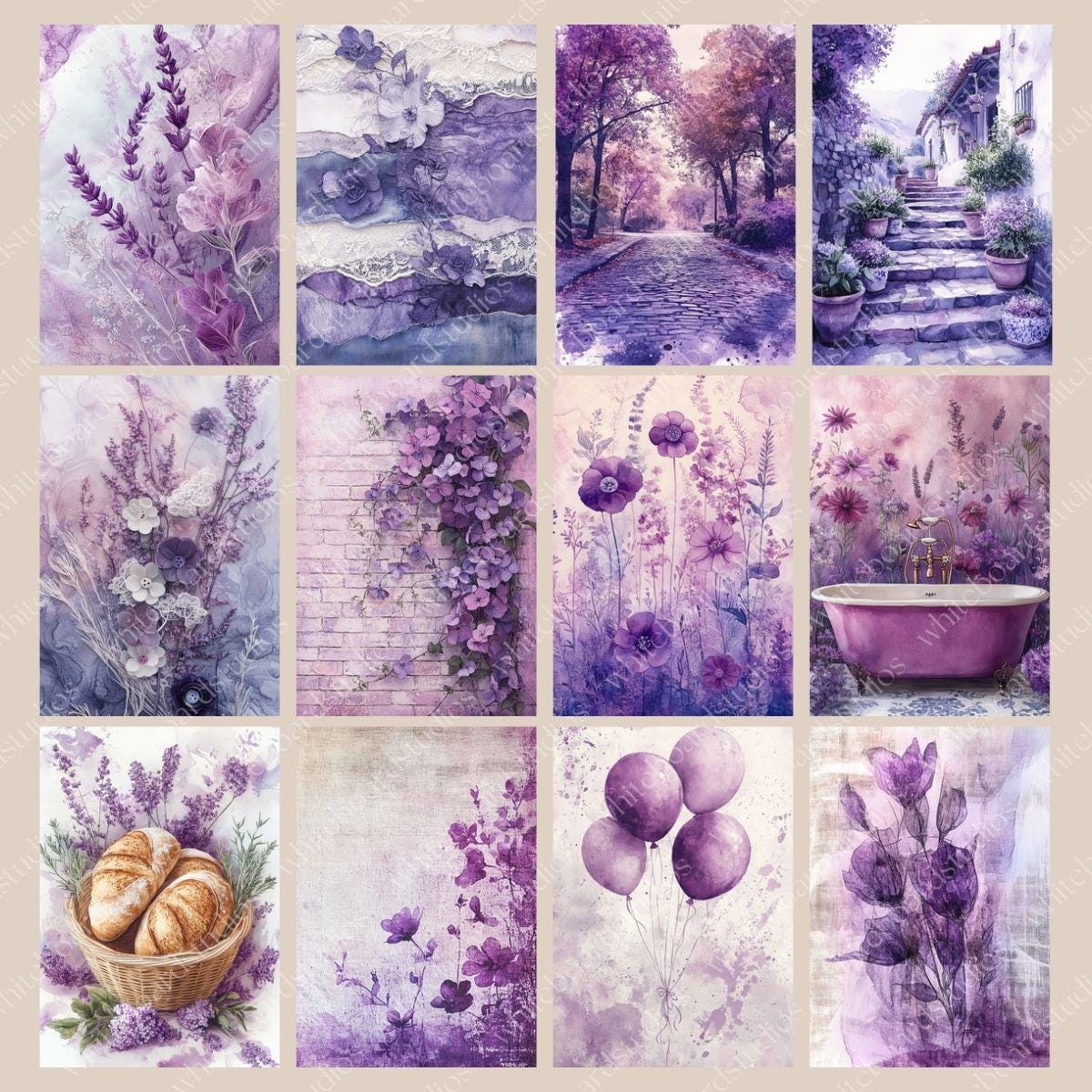 Vintage Faded Purple Lilac Scrapbook Junk Journal, Retro Shabby Toile ...